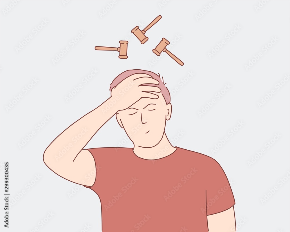 Man getting headache with hammer hitting on his head. Hand drawn vector ...