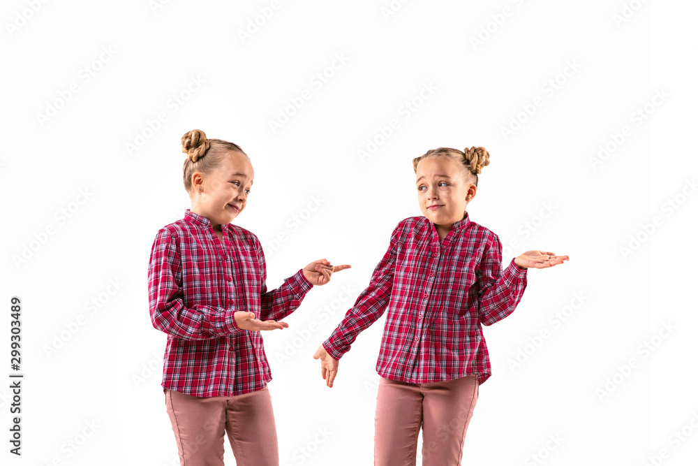 Young handsome girl arguing with herself on white studio background ...