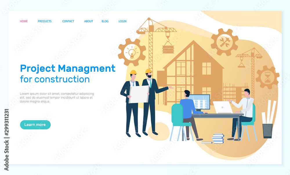 Project management and house construction vector, people with plan and ...