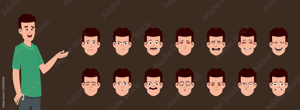 Young boy character with different facial expression set. Character ...