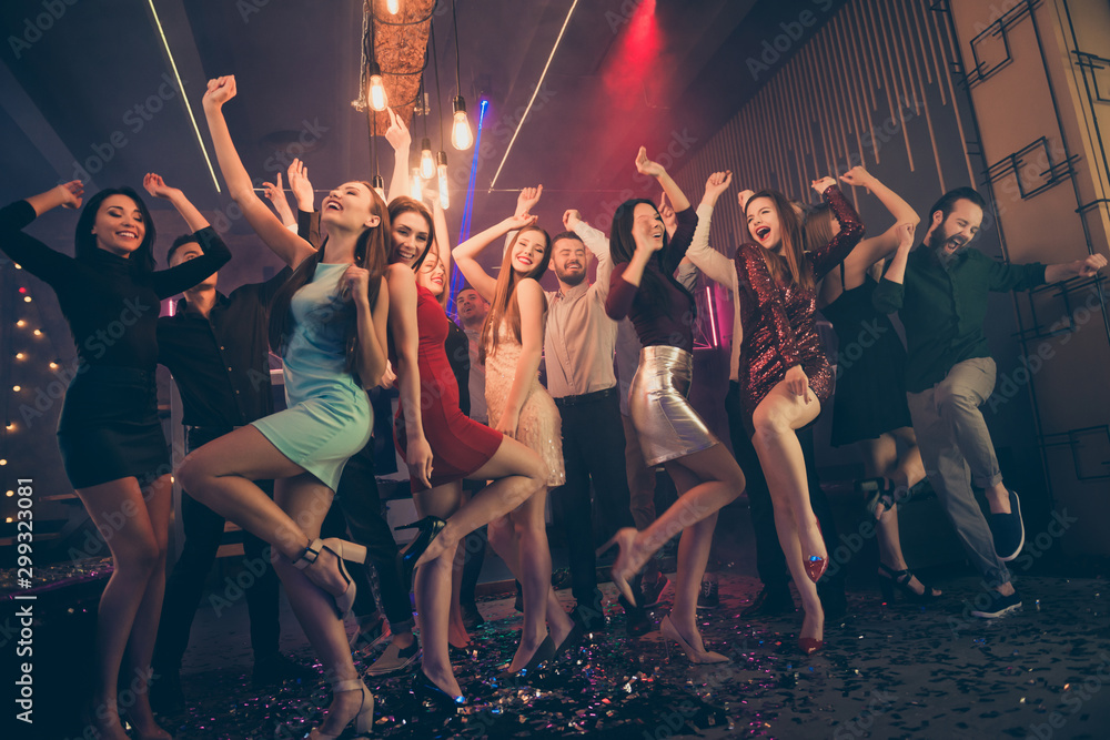 Lets party hard. Low angle view full body photo of positive cheerful ...