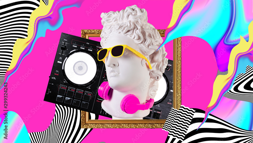 Apollo in headphones and sunglasses on a cosmic background. Concept art ...