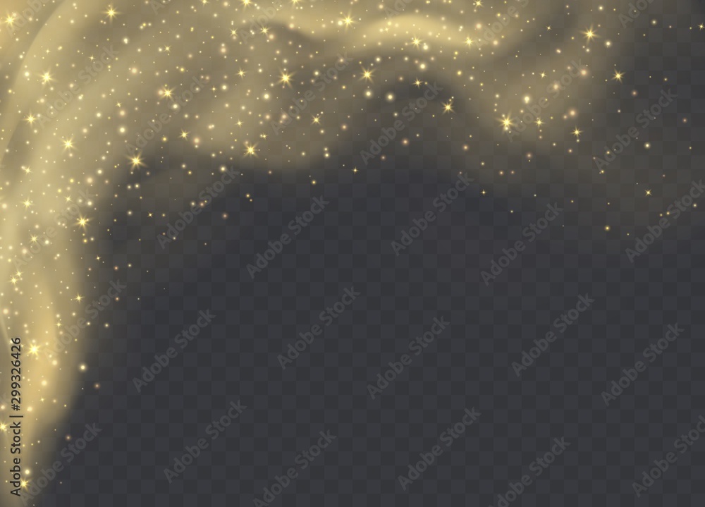 Golden dust cloud with sparkles isolated on transparent background. Stardust sparkling ...