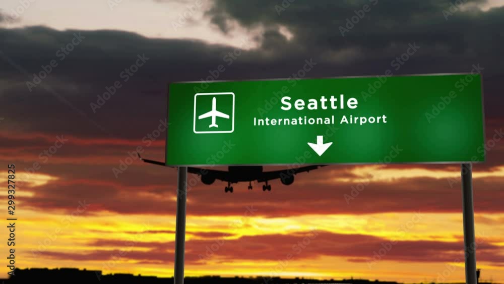 Airplane silhouette landing in Seattle, Washington, USA. City arrival ...