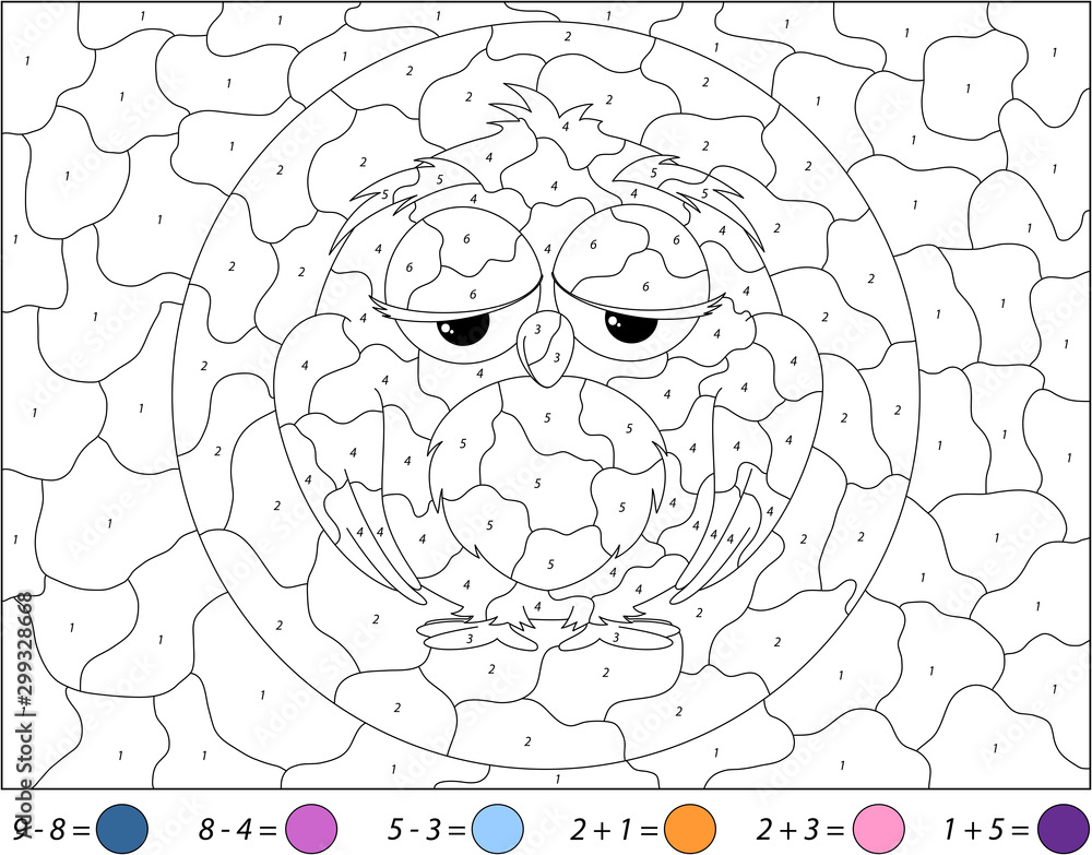 Funny cartoon owl. Addition and subtraction tasks. Color by number ...