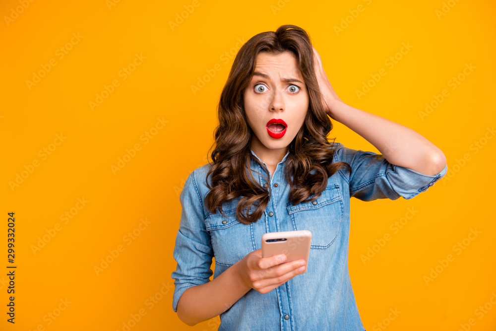 Photo of discontented sad dissatisfied guilty girl wearing denim jeans ...