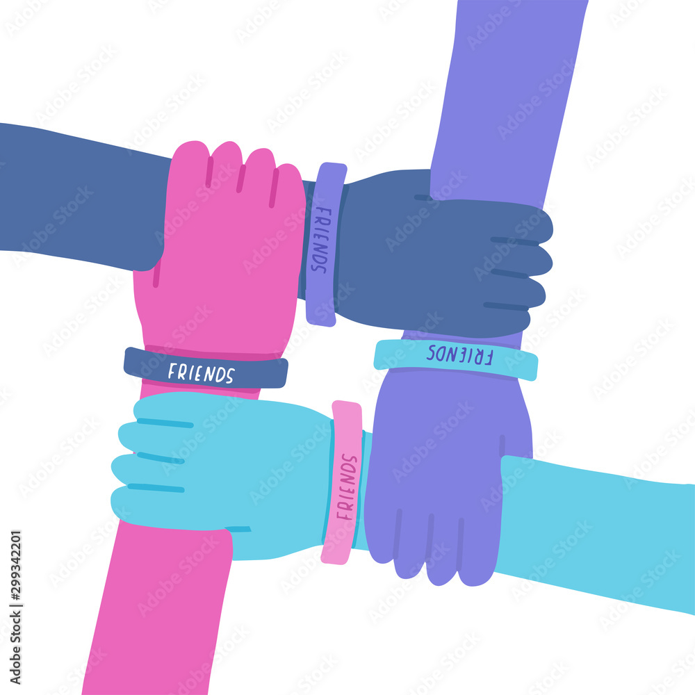 Happy friendship day illustration. Colorful four hands crossed together ...