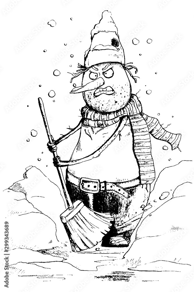 Angry snowman clean the snow. Funny cartoon character. Vector ...