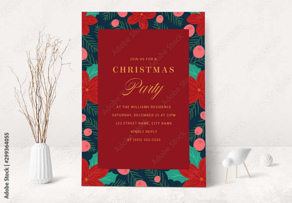 Christmas Party Invitation Layout with Flowers Stock Template | Adobe Stock
