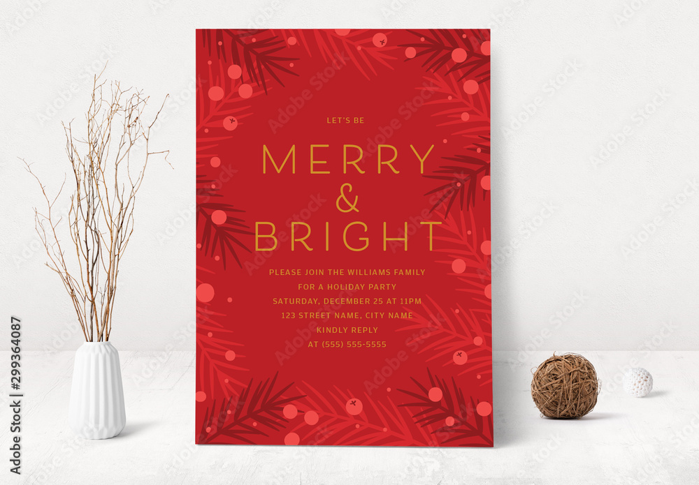 Red Holiday Card Layout with Leaves and Berries Stock Template | Adobe ...