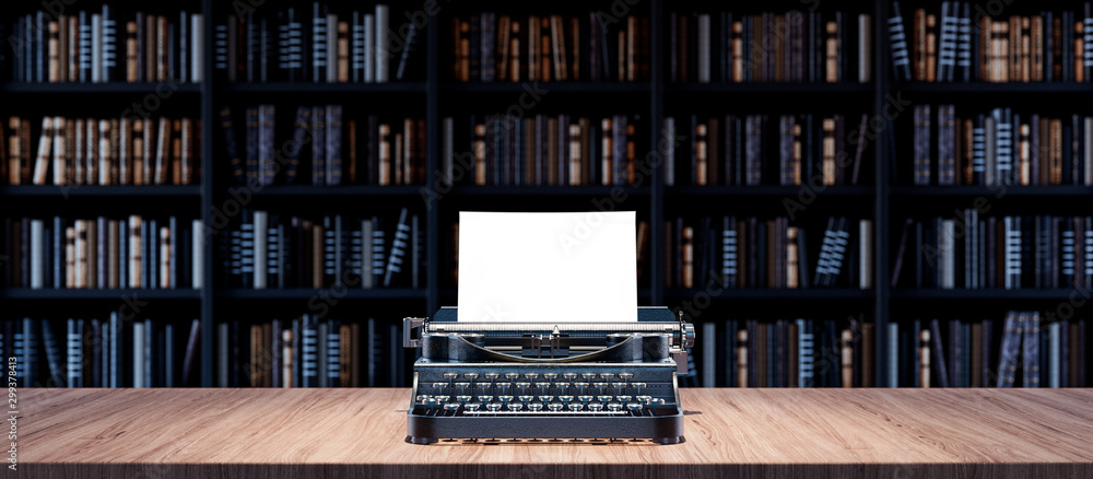 Journalist desk with old typewriter and Bookshelves in the library with ...