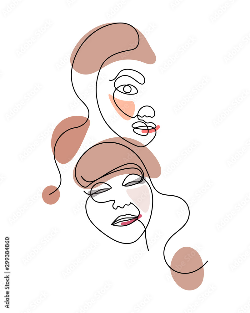 Set Of Abstract Face One Line Drawing Portrait Minimalistic Style