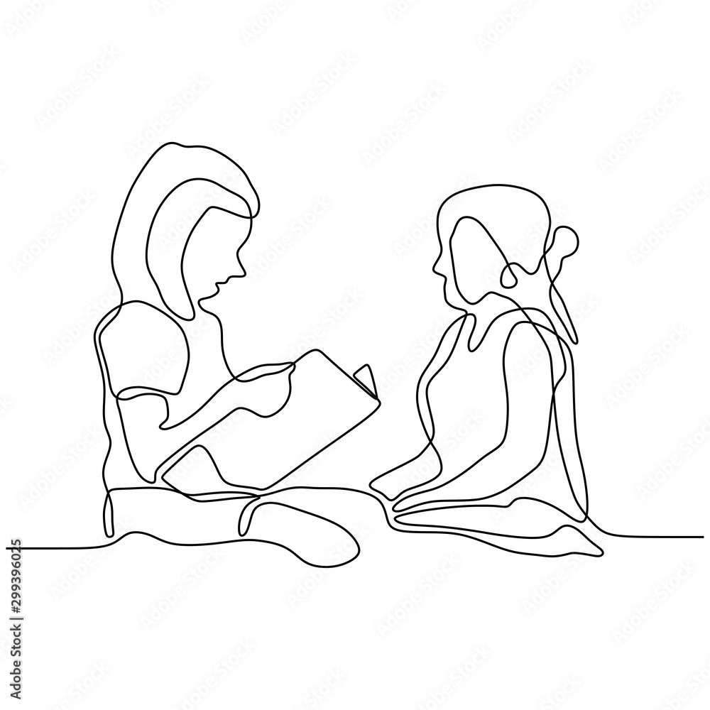 continuous line drawing of children sitting reading books for study ...