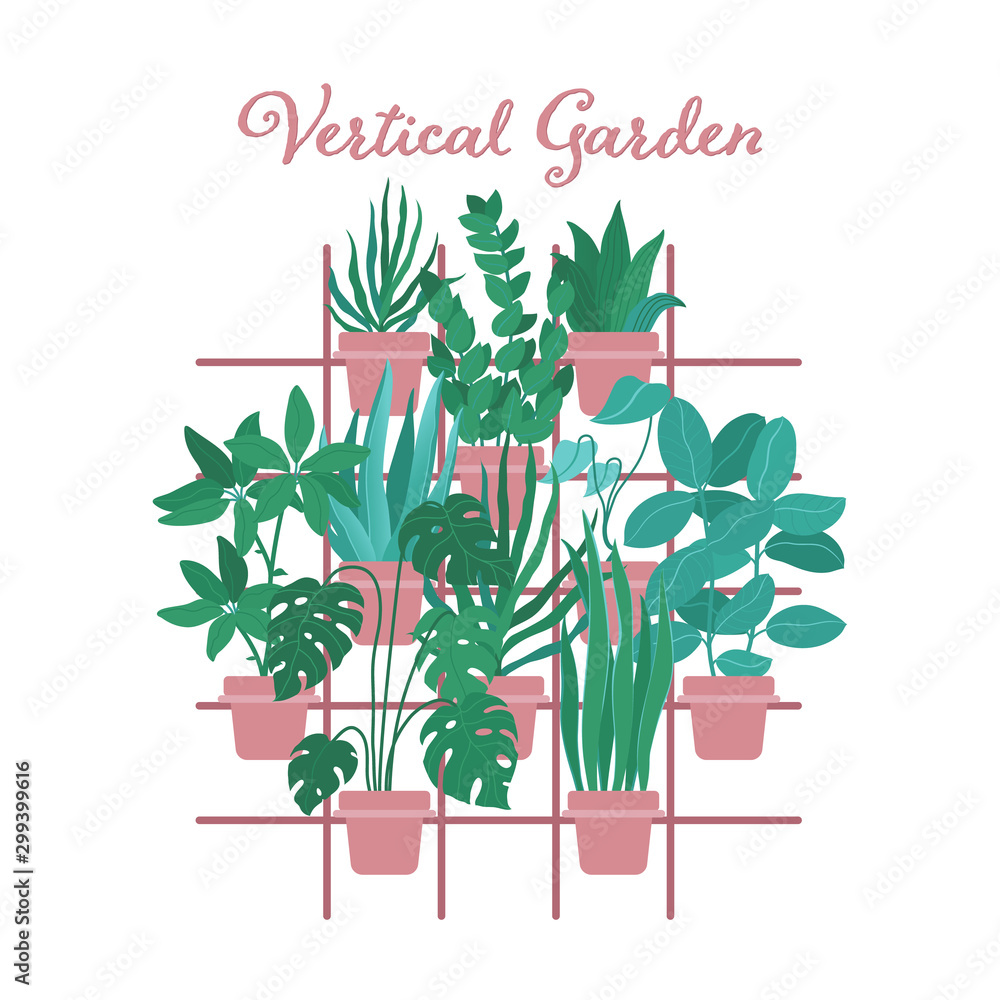 Indoor vertical garden, greenery wall with palms, cacti and other ...