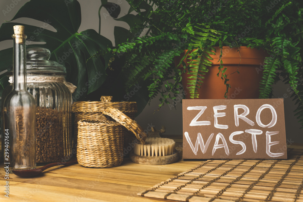 Zero waste concept. Reusable household items (cans, plates, bags ...