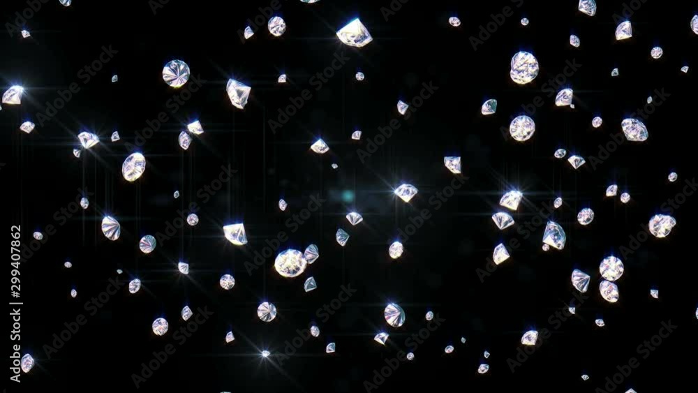 4k abstract shiny falling diamonds in black space background. 3d ...