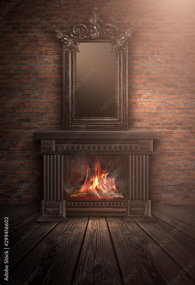 Dark room with brick walls. Wooden fireplace, a fire burns. Interior ...