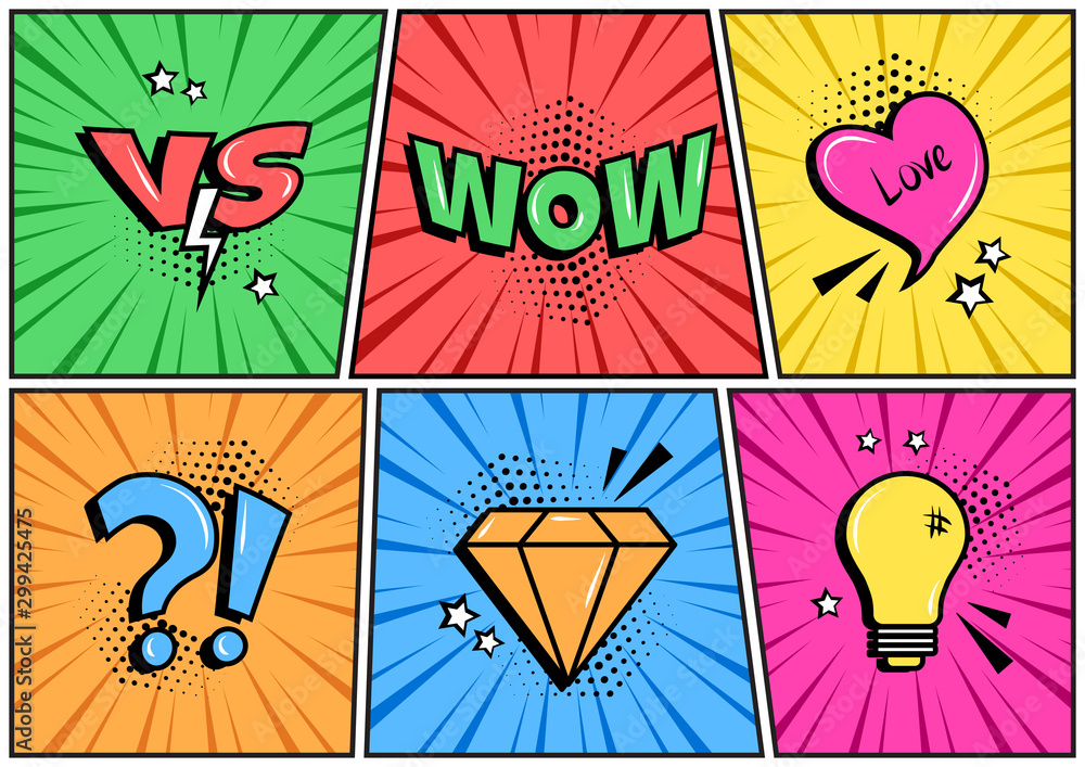 Colorful set of comic icon with different speesh elements in pop art ...