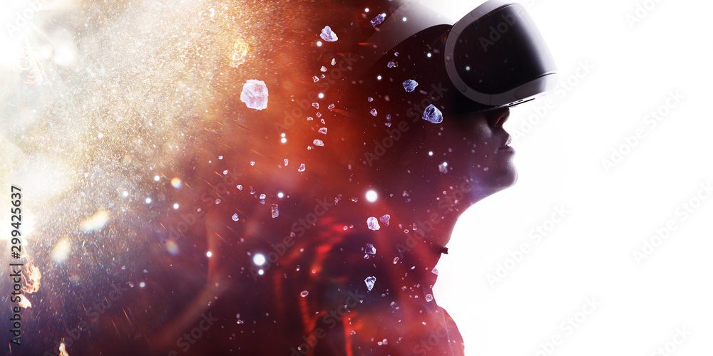 Foto Stock Double exposure of female face on white background. Abstract woman portrait. Digital ...