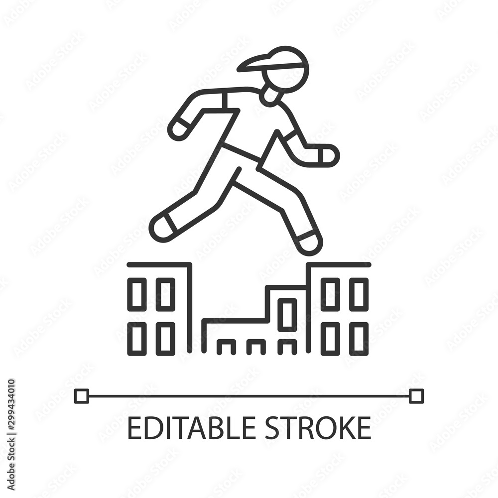 Parkour linear icon. Traceur running in city environment. Traversing ...