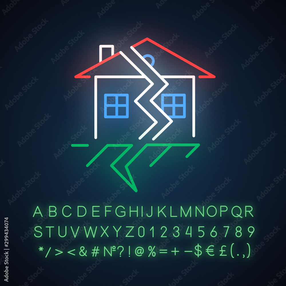 Earthquake neon light icon. Displacement of earth surface. Seismic ...
