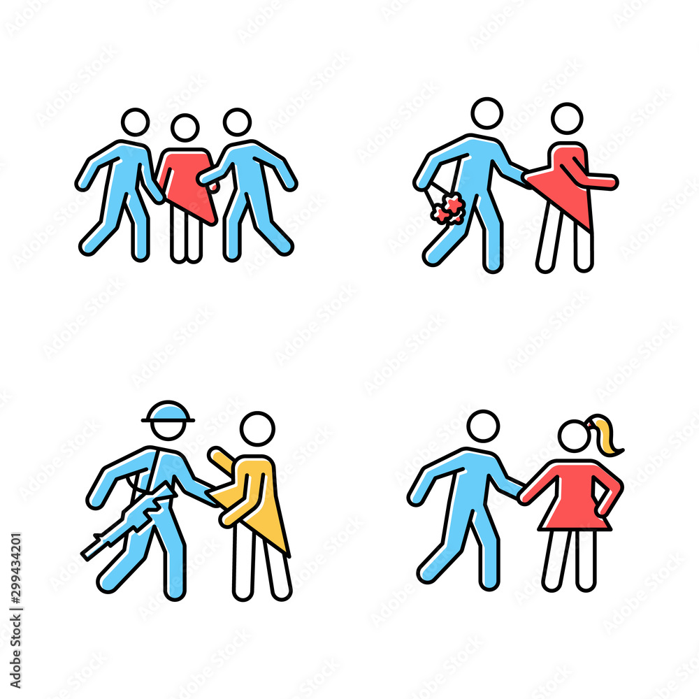 Different rape types color icons set. Sexual harassment of women. Date ...