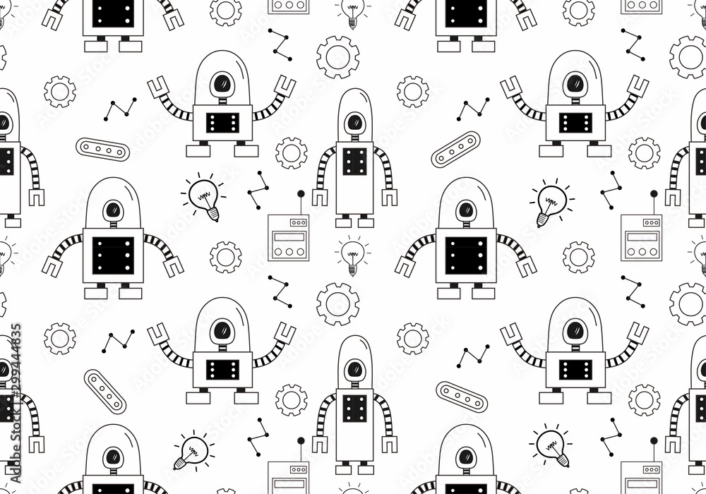 Robot seamless pattern with cute doodle drawing style. Cartoon black ...