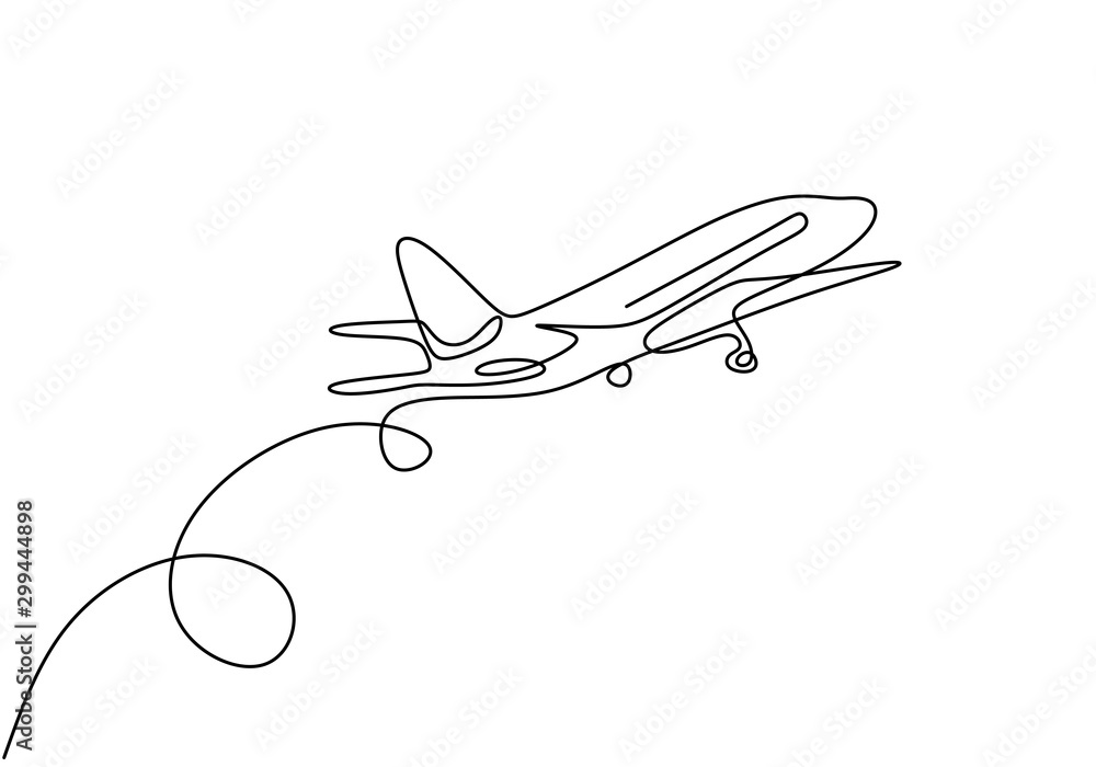 Continuous one line drawing of airplane jet transportation theme ...