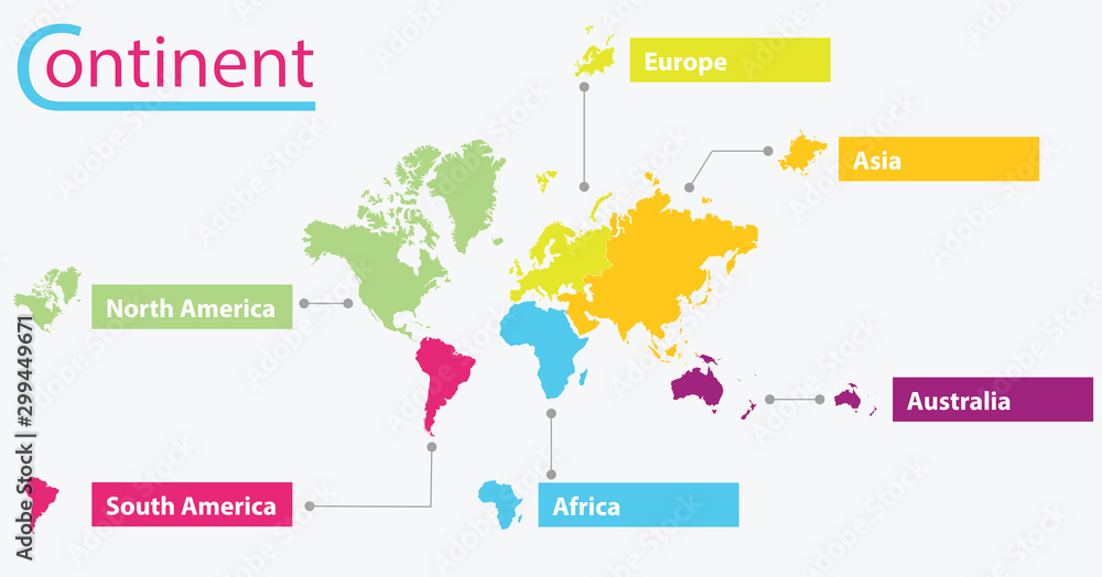 World map Divide the continent with various colors. on white background ...