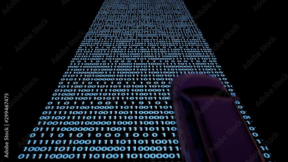 Cars driving on binary code road seamless animation. Virtual traffic ...
