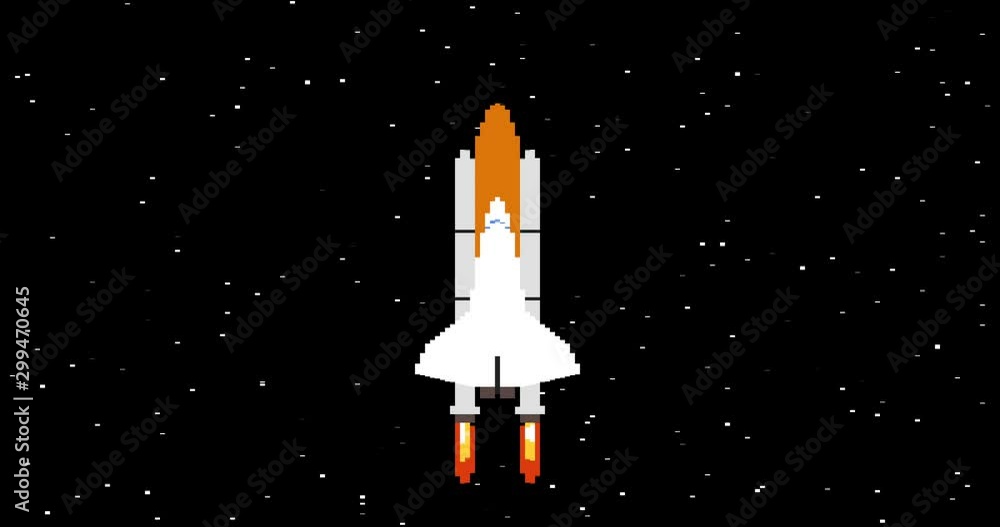 Shuttle in space pixel art looped animation. Spacecraft flying in dark ...