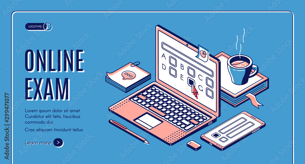 Online exam isometric web banner. Laptop with test questions on screen ...