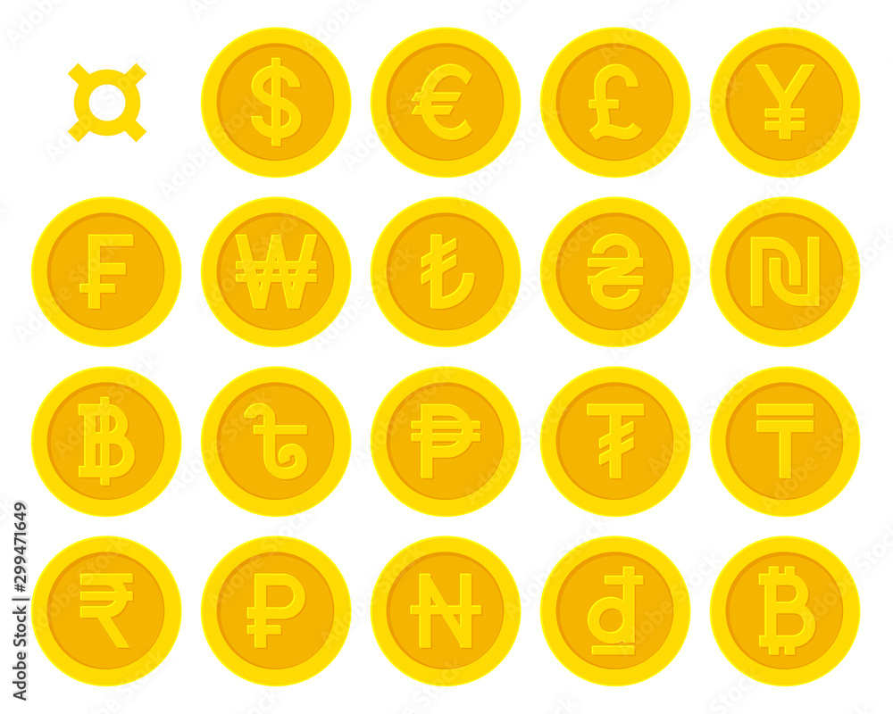 Golden yellow coins with currency symbols collection set. Vector ...