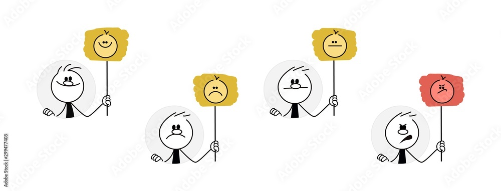 Doodle stick figure: Cartoon people holding smiley face symbol. Hand ...