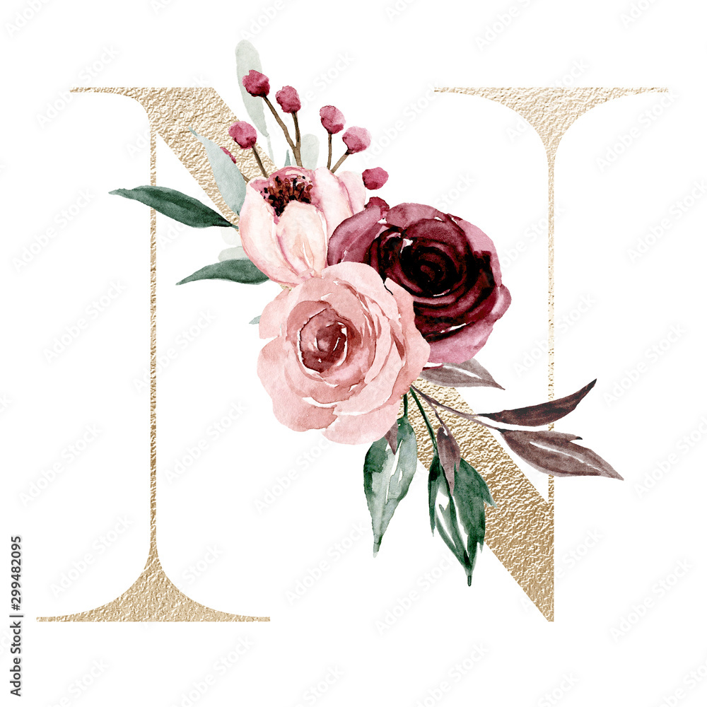 Floral alphabet, letter N with watercolor flowers and leaf. Gold ...