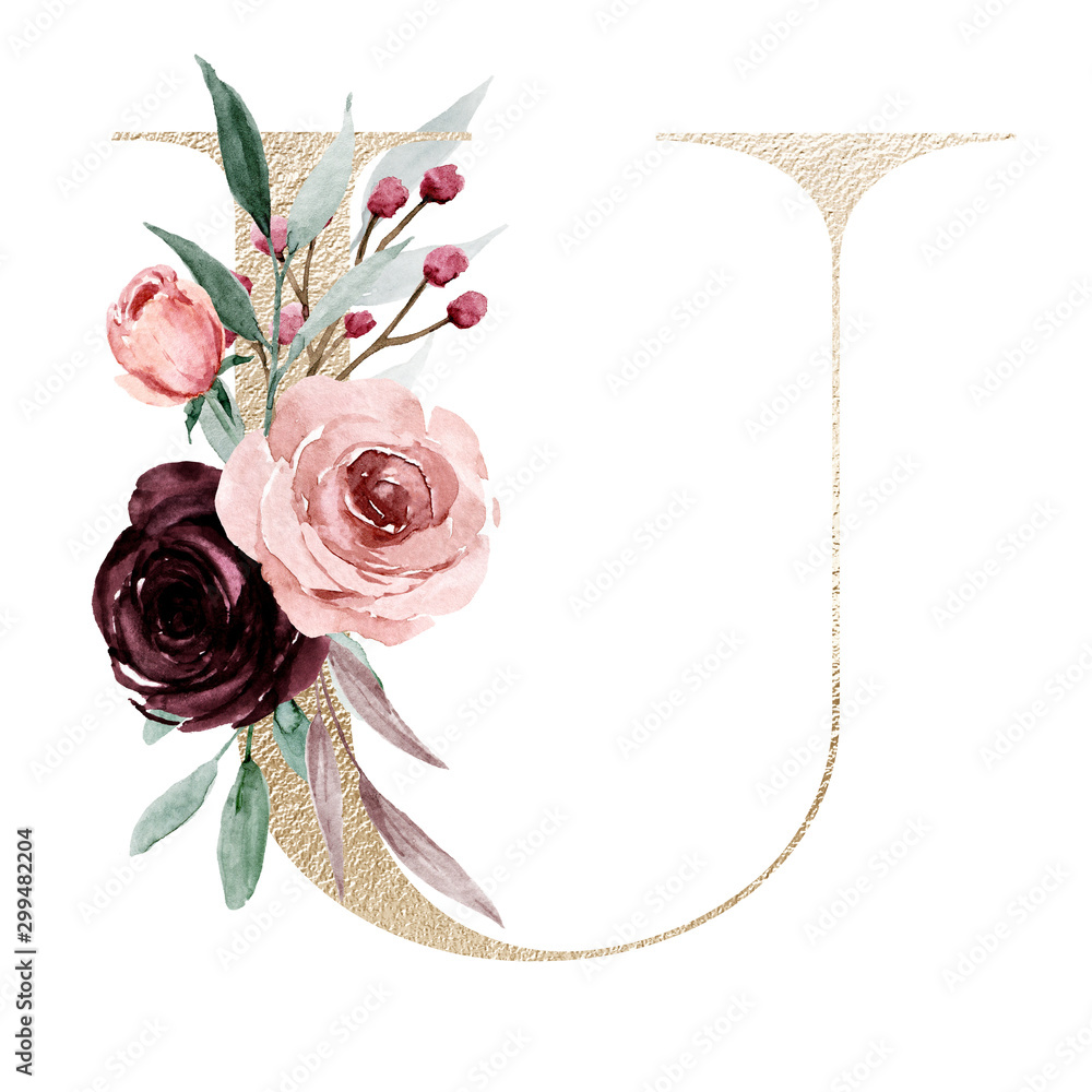 Floral alphabet, letter U with watercolor flowers and leaf. Gold ...