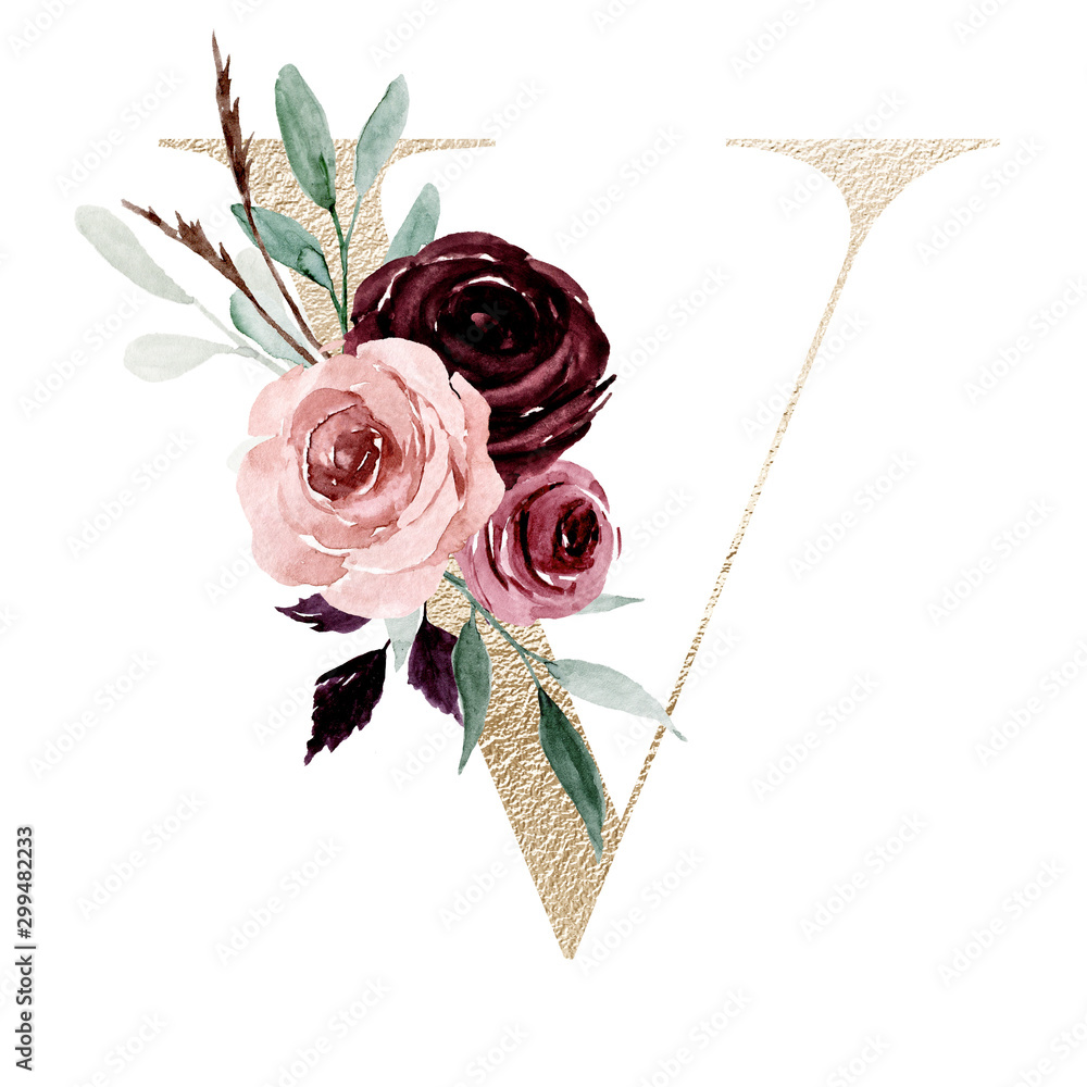 Floral alphabet, letter V with watercolor flowers and leaf. Gold ...