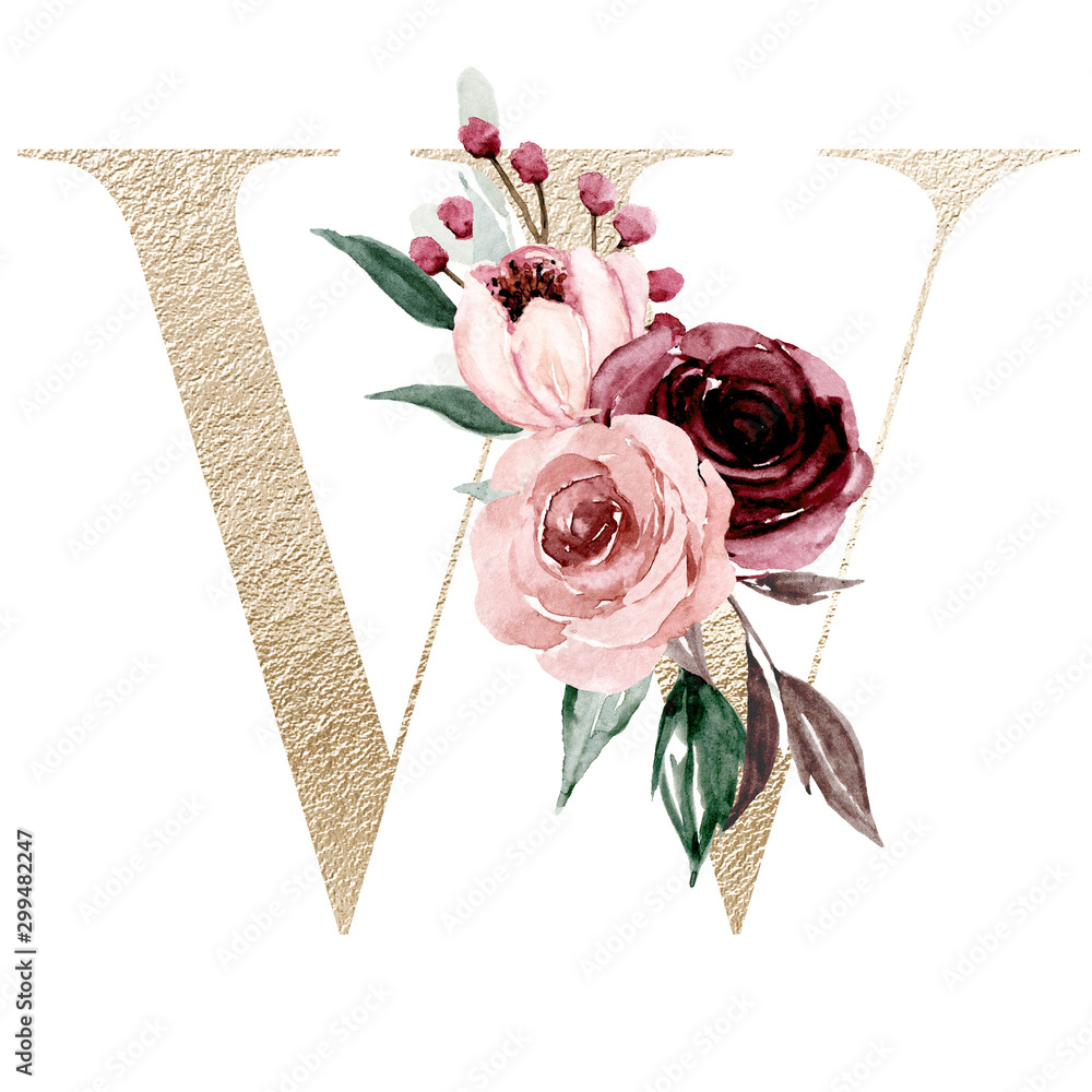 Floral alphabet, letter W with watercolor flowers and leaf. Gold ...