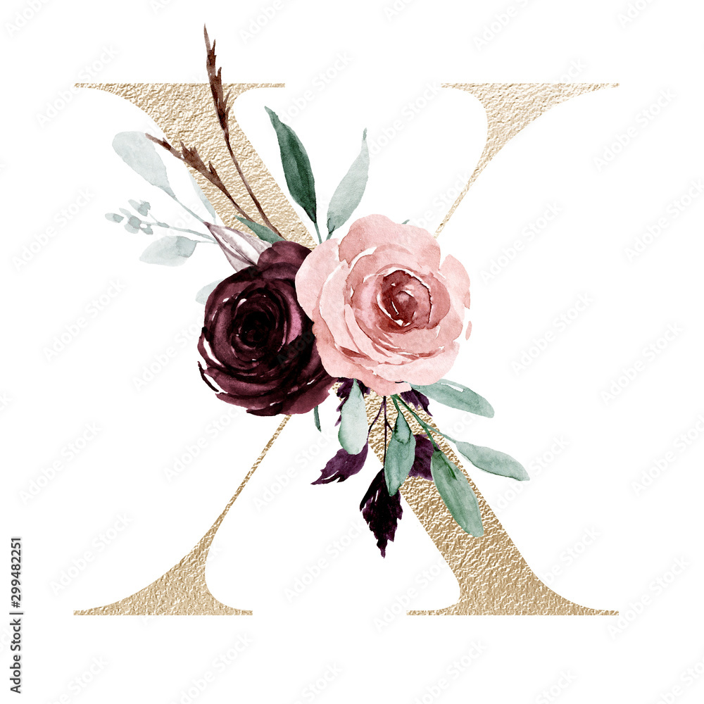Floral alphabet, letter x with watercolor flowers and leaf. Gold ...