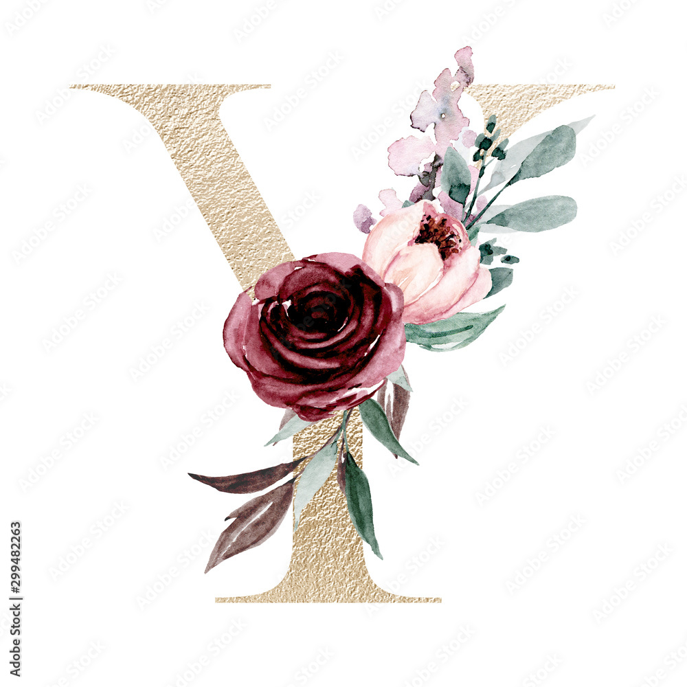 Floral alphabet, letter y with watercolor flowers and leaf. Gold ...