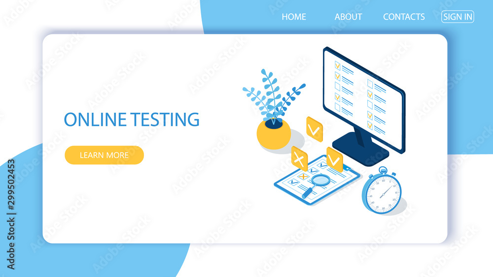 Landing page with design template for online testing. Concept of online ...
