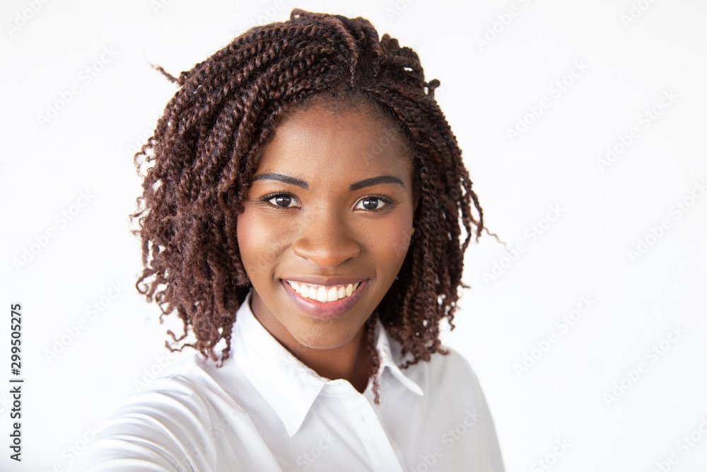 Selfie of happy joyful female professional, wearing white shirt ...