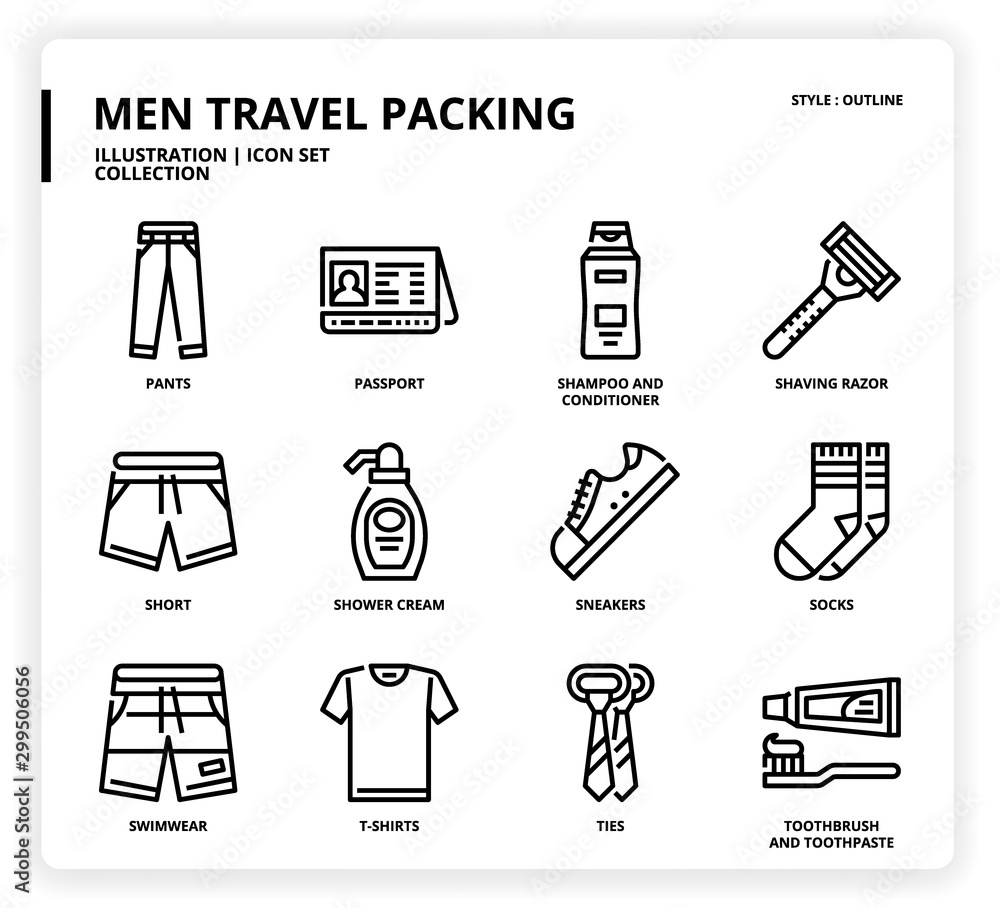 Man Travel Packing icon set Stock Vector | Adobe Stock