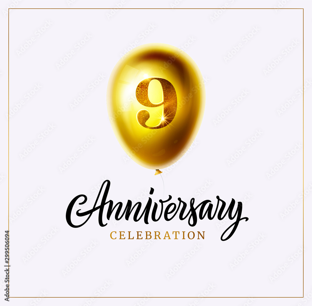 9 anniversary birthday celebration background. Vector 3d gold balloon ...
