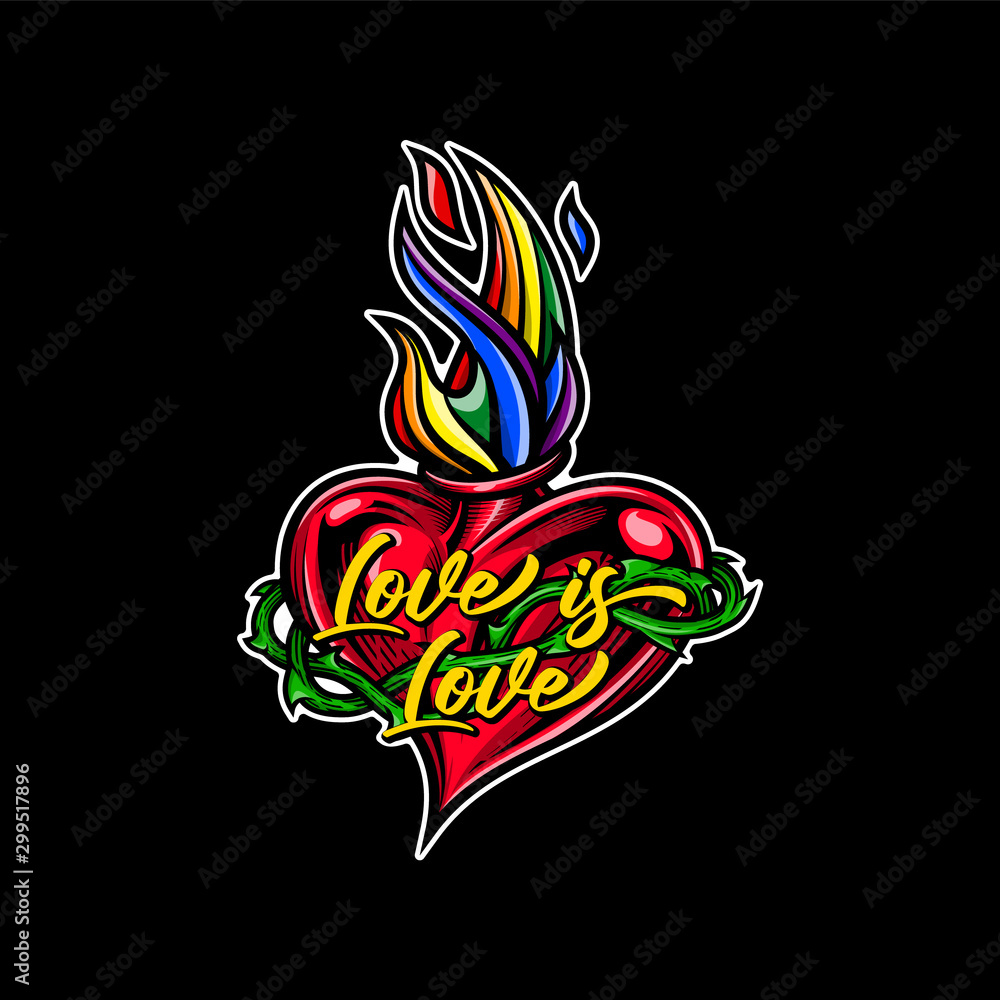 "Love is love" - LGBT poster design. Rainbow flaming heart with crown ...