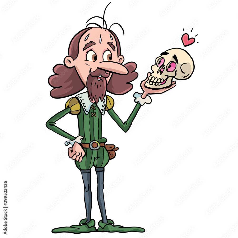 Shakespeare actor looks at the skull looking at him and I smile Stock ...