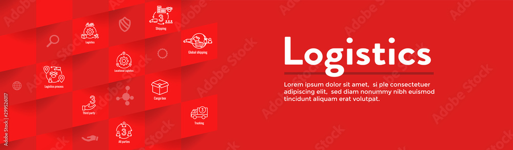 Logistics icon set and web header banner with buildings, trucking ...