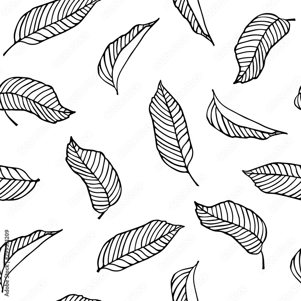 Hand drawn seamless floral pattern with leaves. Outline drawing with ...