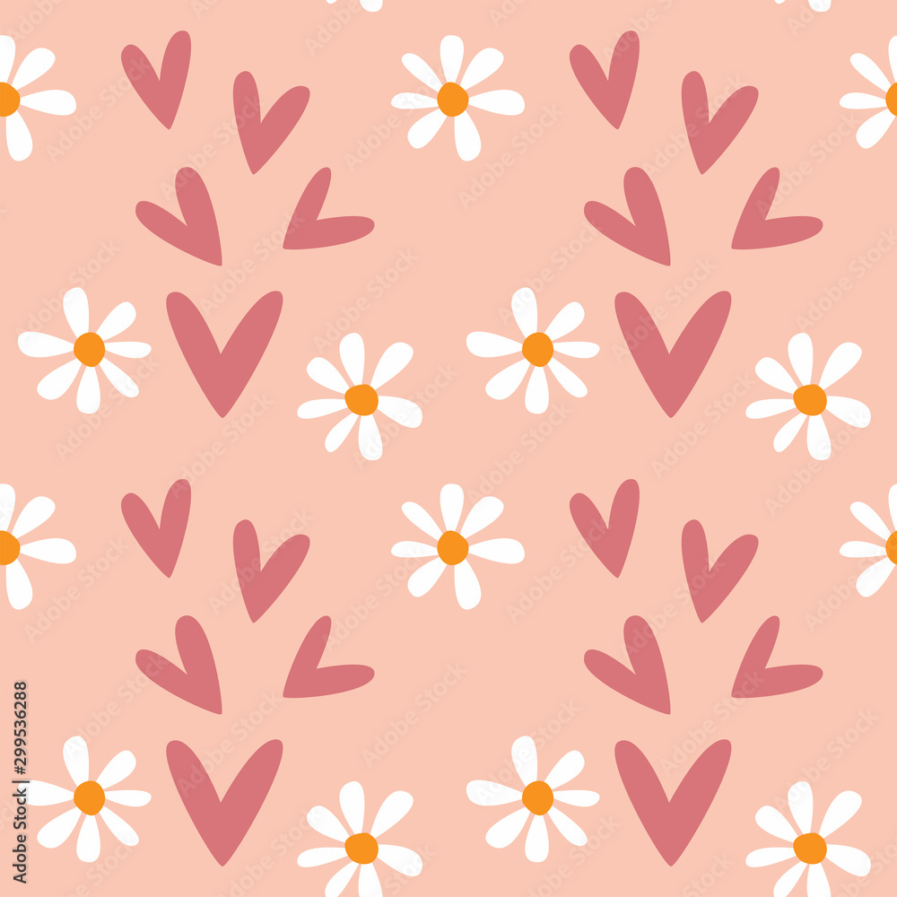 Simple seamless pattern with hearts and daisies. Romantic print with ...
