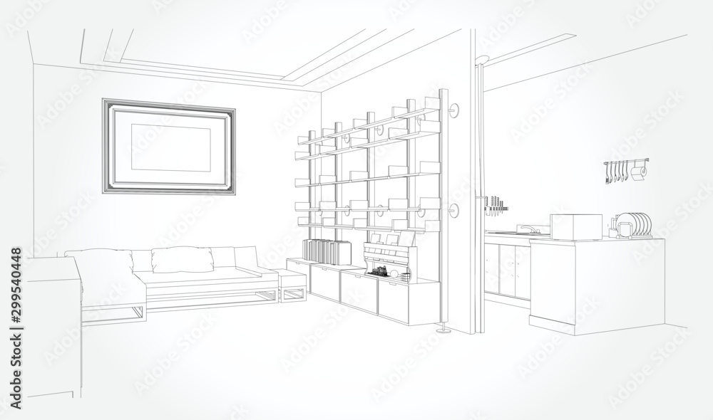 Linear sketch of an interior. Sketch Line living room . Vector ...